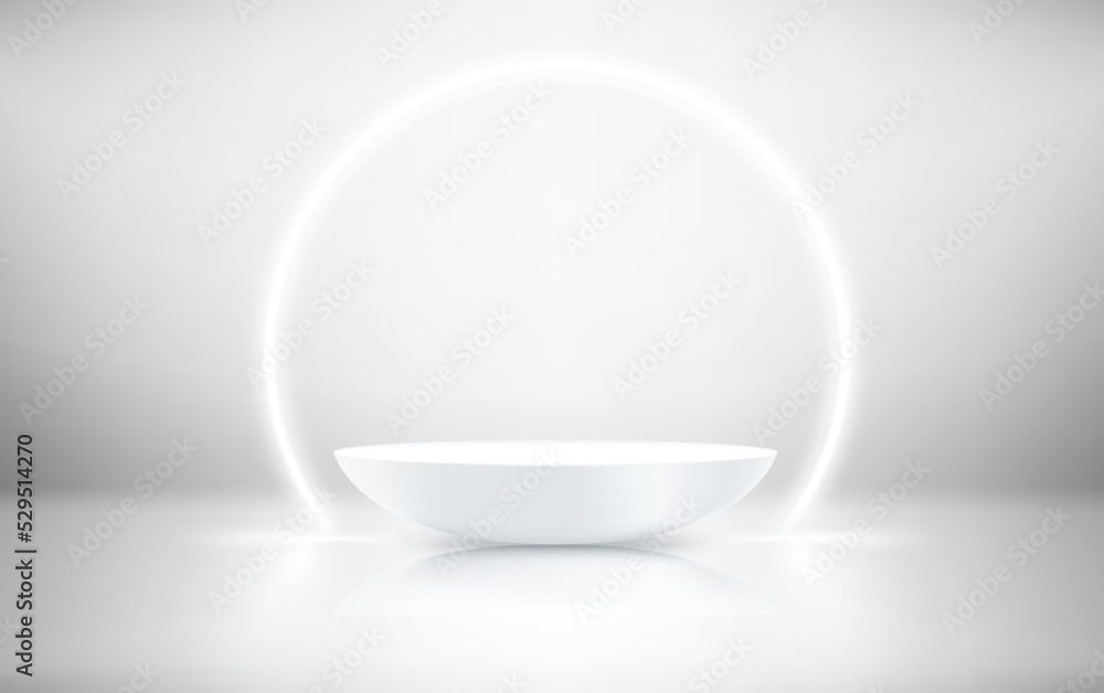 White neon glowing circle and white platform in white interior. 3d ...