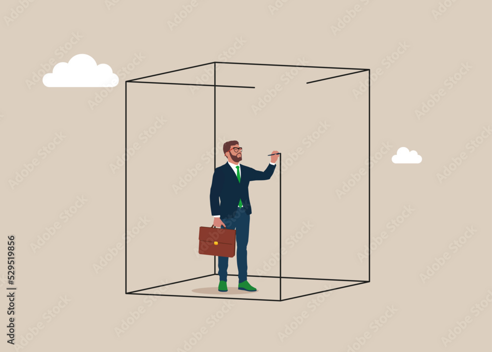 Businessman drawing box around himself creating limits and borders. Set ...