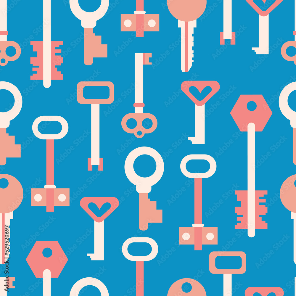 Seamless pattern with various door keys. Various vintage, antique and ...