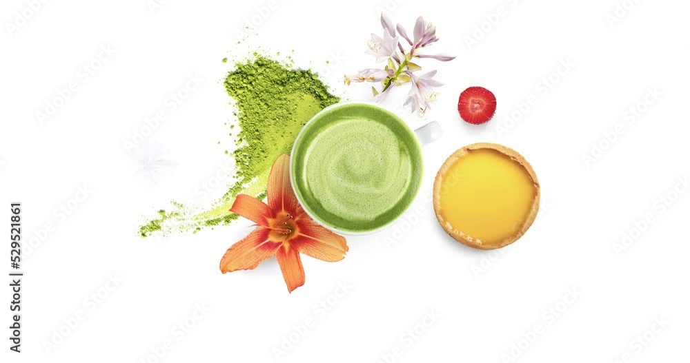 Creative animation made of matcha tea and lemon pie decorated with ...