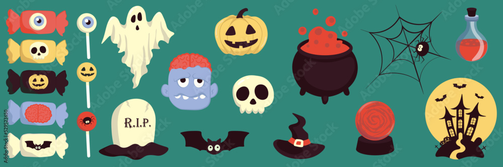 Vector Halloween mega set with candy,ghost,grave,zombie,bat,skull ...