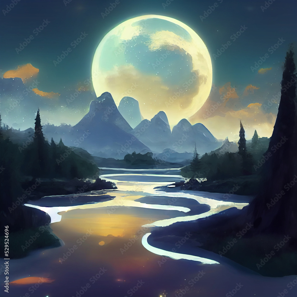 Beautiful Moon and River at Night with Mountains and Stars. Concept Art ...