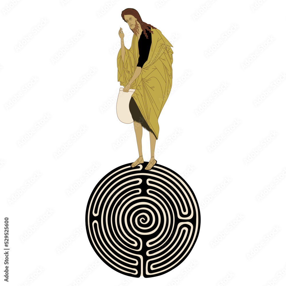 Vetor de Christian saint man standing on top of a round spiral maze or ...