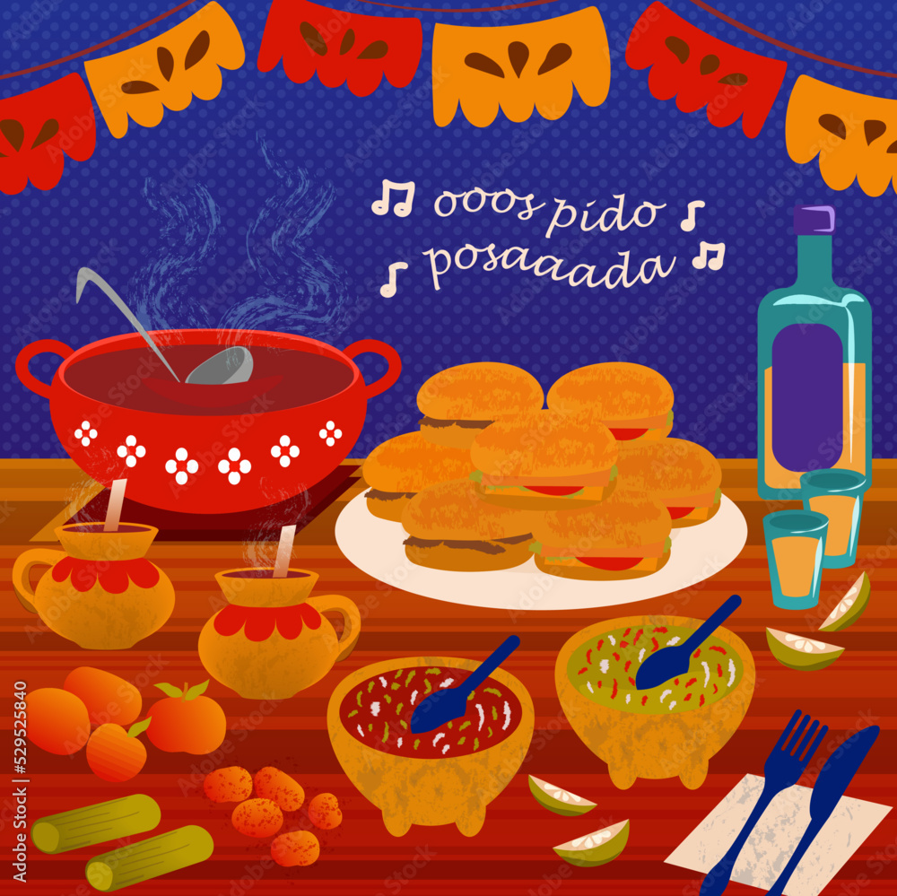 Ilustración mesa con comida de posada navideña en México y canticos de ...