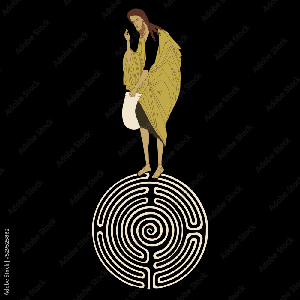 Christian saint man standing on top of a round spiral maze or labyrinth ...