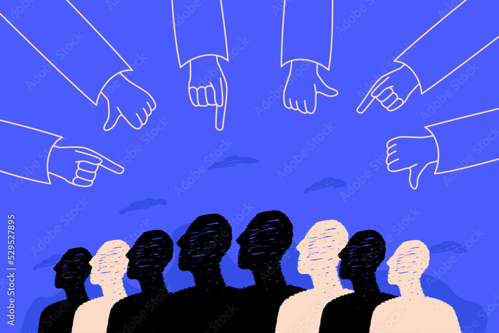 Condemning gestures are directed at the black and white crowd of people ...