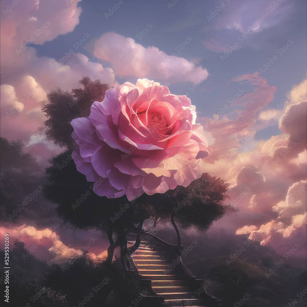Fantasy rose on a stone staircase. Fairy landscape with flowers ...