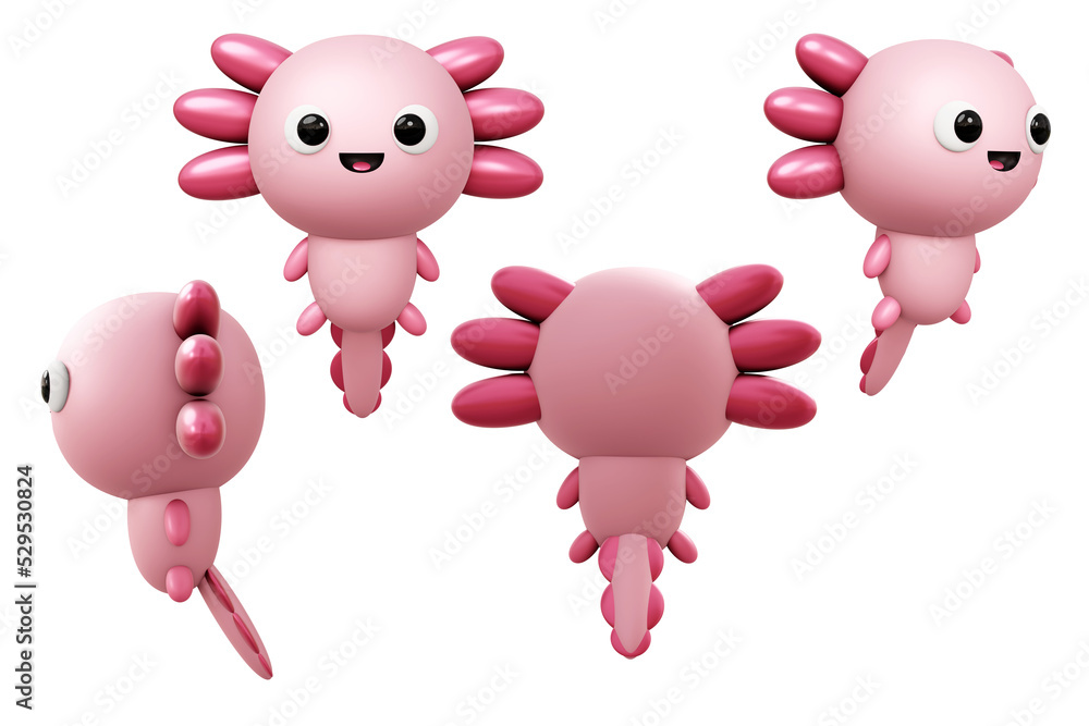 cartoon 3D illustration of Cute Axolotl set isolated in transparent ...
