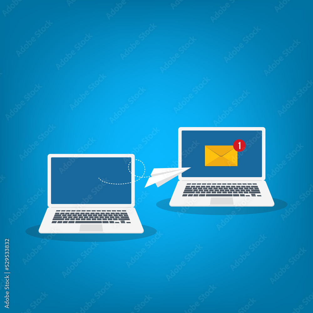 New incoming email message. One device sending paper airplane message ...