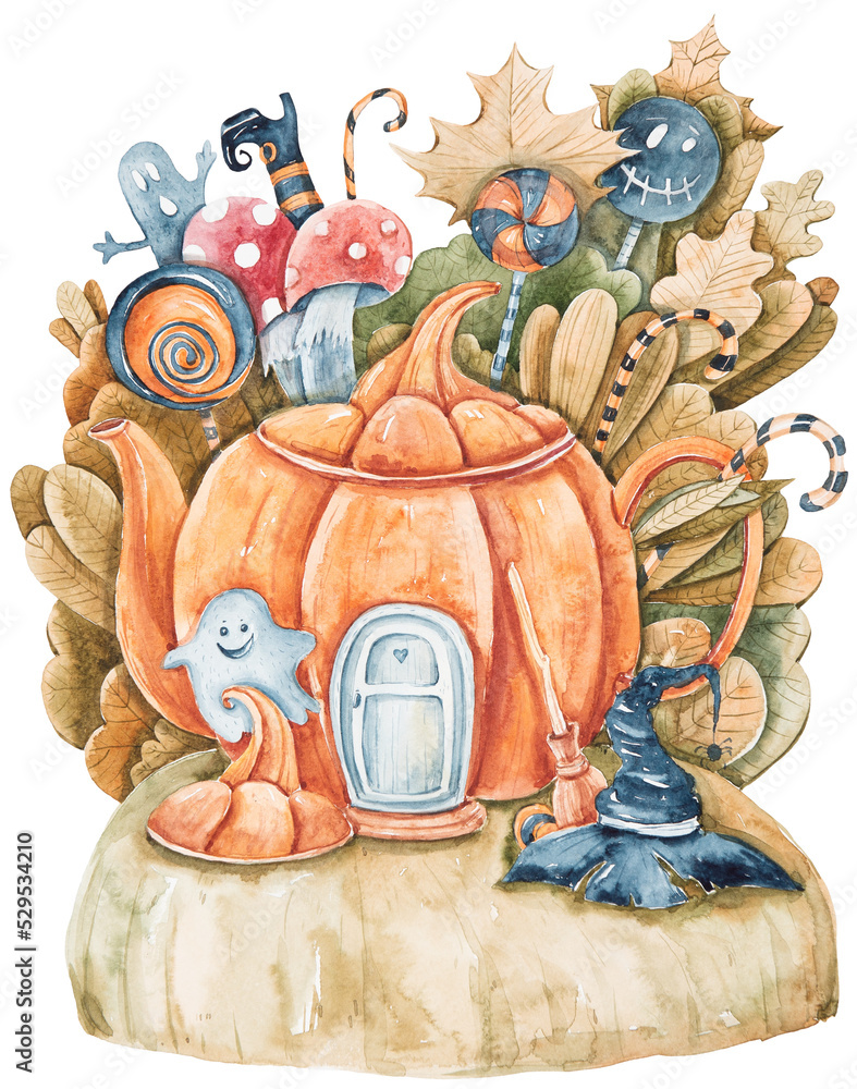 Watercolor cute Halloween pumpkin illustration with a witch hat ...