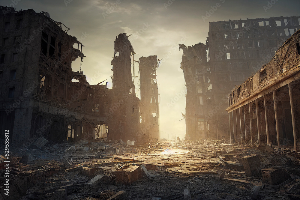 Post-apocalyptic city, destroyed buildings, dystopian landscape ...