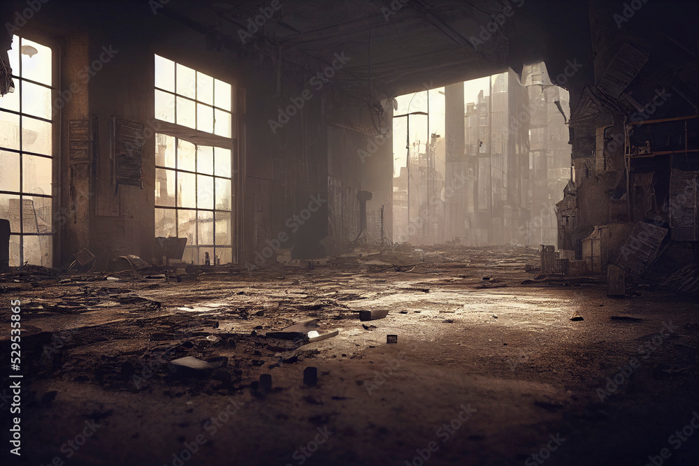 Post-apocalyptic city, destroyed buildings, dystopian landscape ...