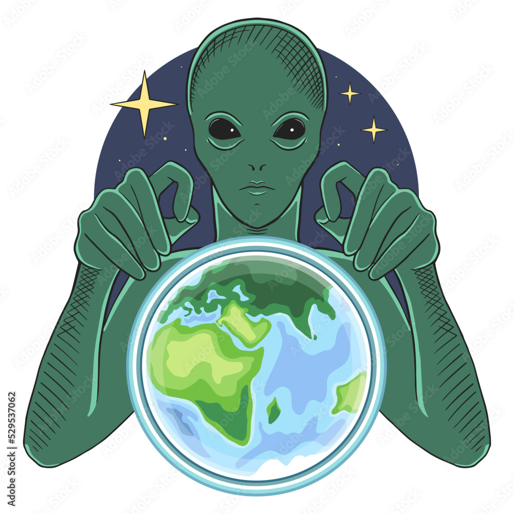 The alien and the planet Earth in space among the stars. Vector ...