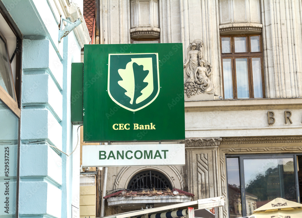 Brasov, ROMANIA - Aug 2022: CEC Bank logo in front of a local bank in ...
