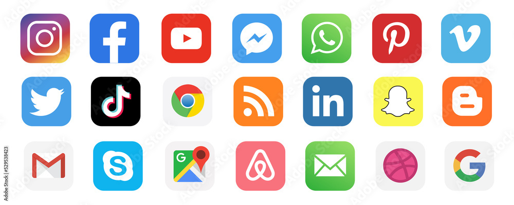 Collection social media logo: Facebook, twitter, instagram, youtube, linkedin, Tiktok. Social ...