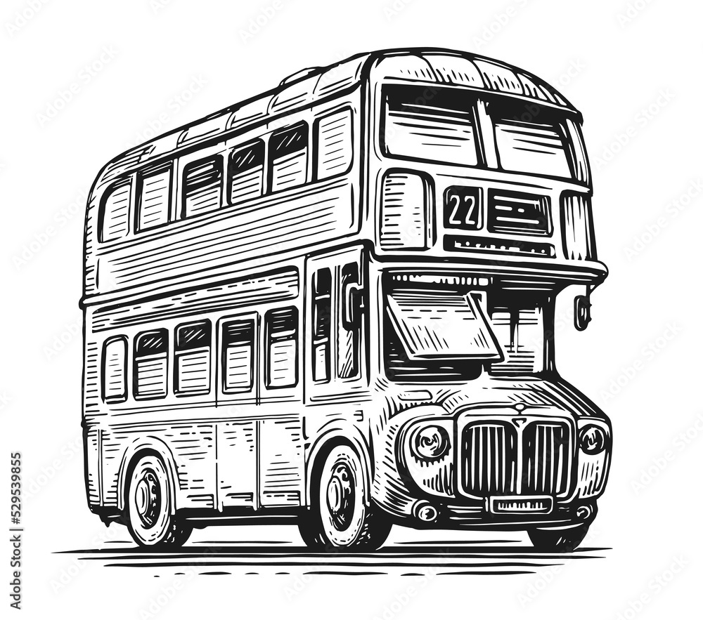 Hand drawn sketch retro London bus. England urban public transport ...