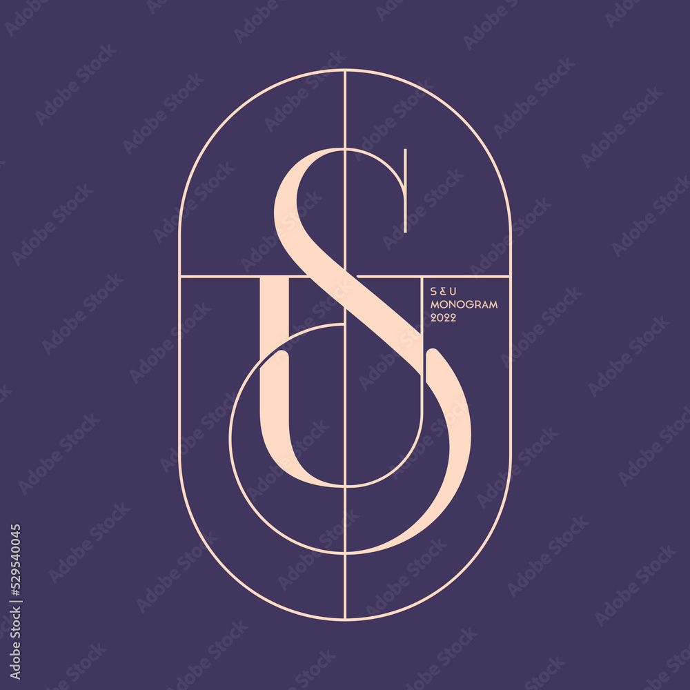 Crossed letter S and letter U into rounded frame. Monogram at art deco ...