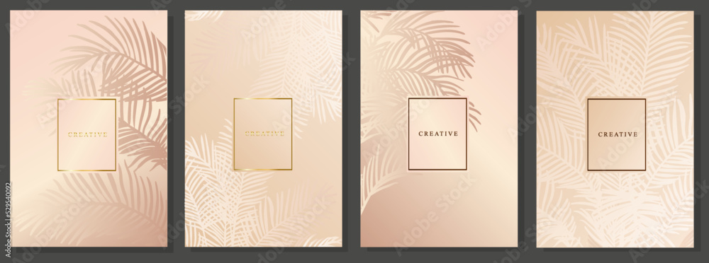Set of elegant pink covers. Delicate pink palm leaves, bright gradient ...