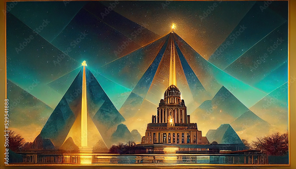 Pyramid in the City. Standing by the River. Castle with a Clock Tower ...