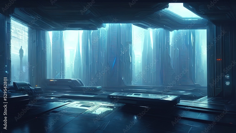 Futuristic high-tech night room, office in cyberpunk dystopian New York ...