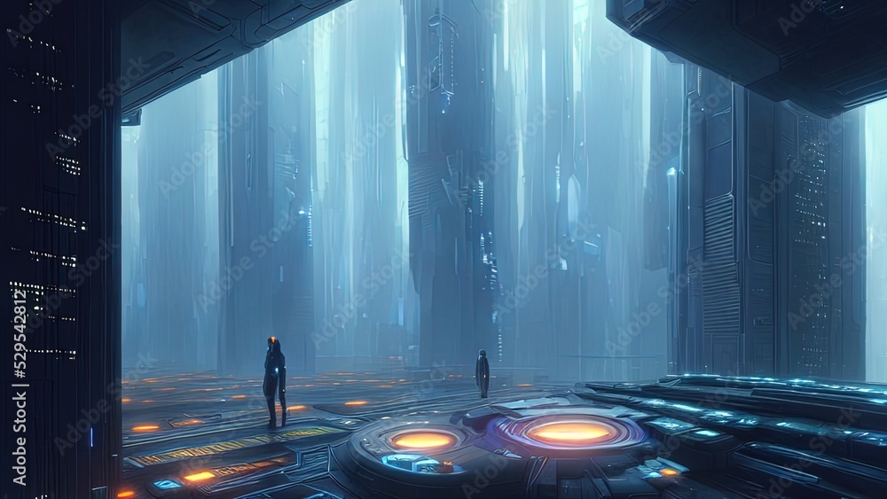 Futuristic high-tech night room, office in cyberpunk dystopian New York ...