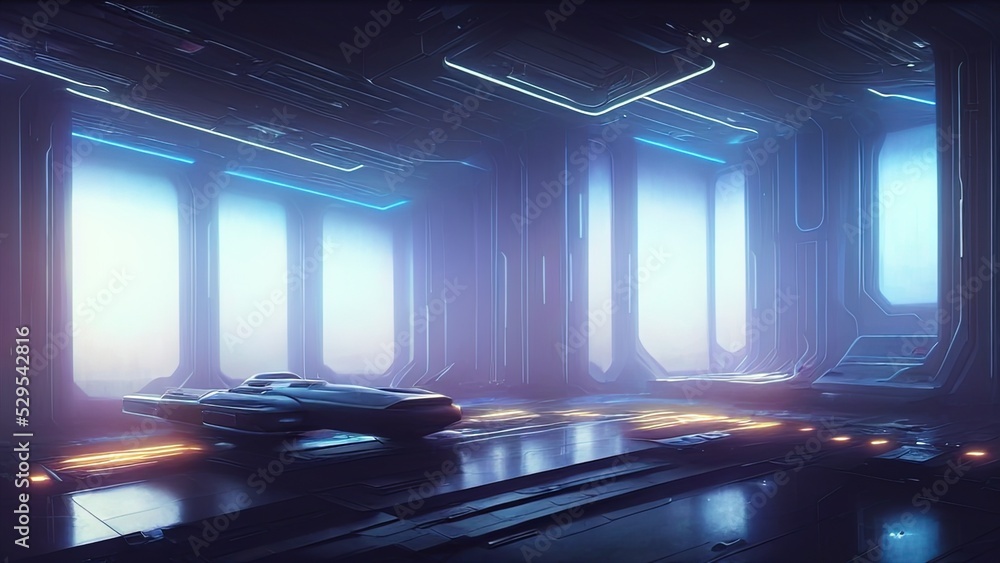 Futuristic high-tech night room, office in cyberpunk dystopian New York ...