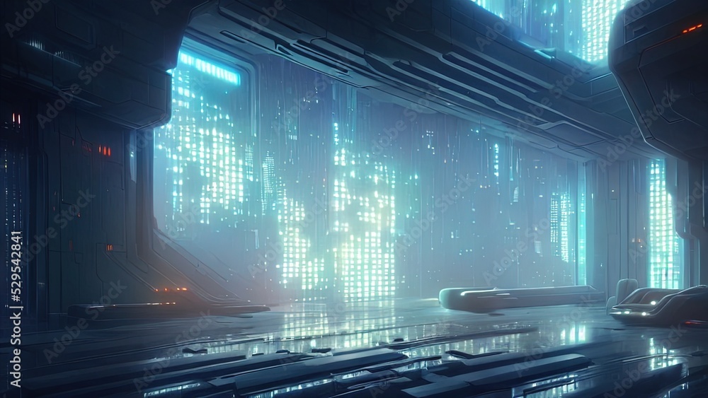 Futuristic high-tech night room, office in cyberpunk dystopian New York ...
