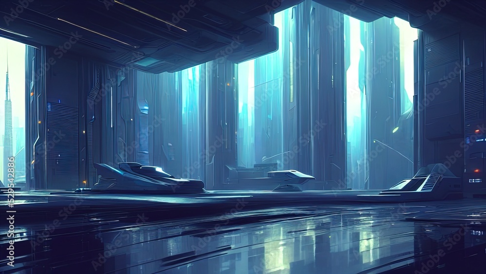 Futuristic high-tech night room, office in cyberpunk dystopian New York ...