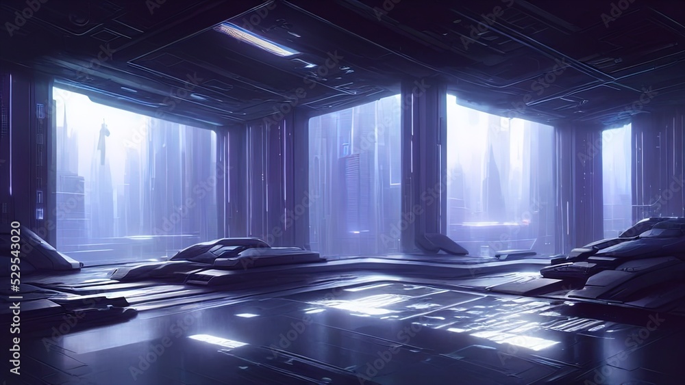 Futuristic high-tech night room, office in cyberpunk dystopian New York ...
