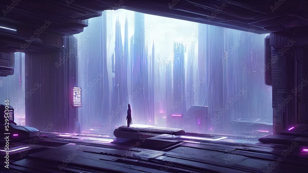 Futuristic high-tech night room, office in cyberpunk dystopian New York ...