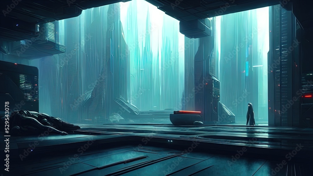 Futuristic high-tech night room, office in cyberpunk dystopian New York ...