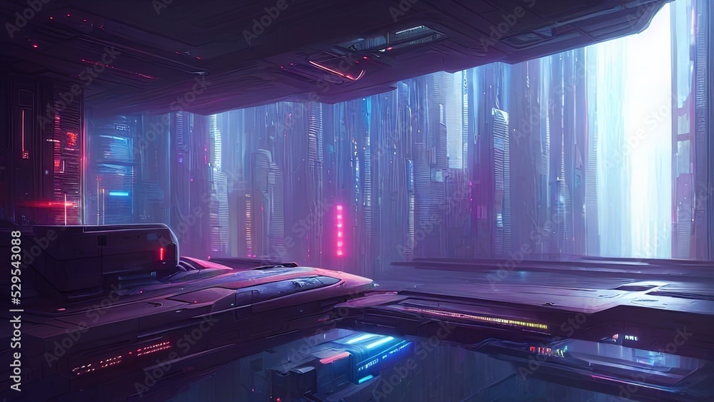 Futuristic high-tech night room, office in cyberpunk dystopian New York ...