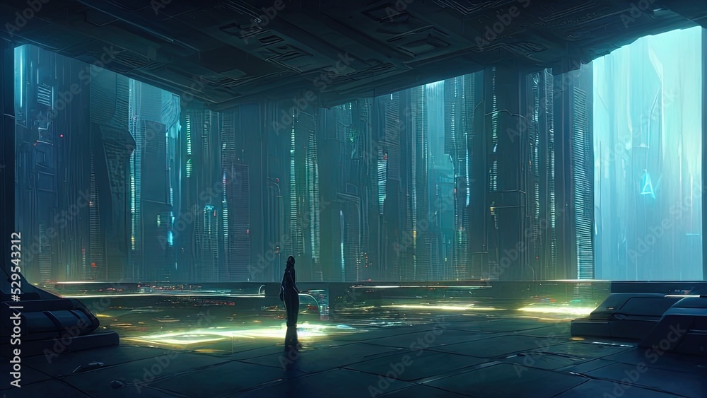 Futuristic high-tech night room, office in cyberpunk dystopian New York ...