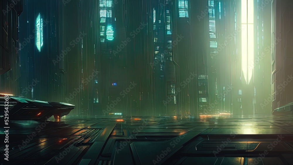 Futuristic high-tech night room, office in cyberpunk dystopian New York ...