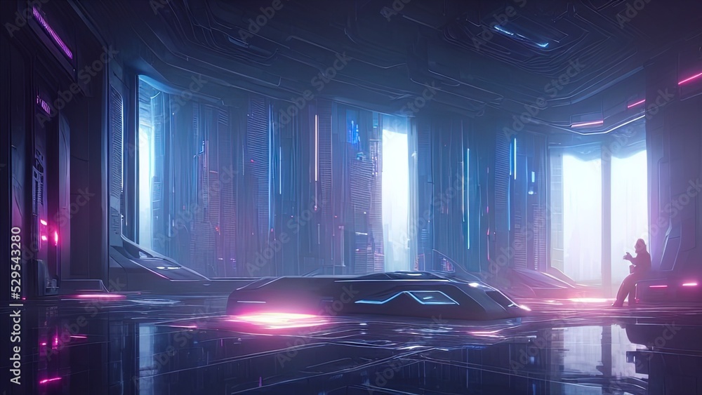 Futuristic high-tech night room, office in cyberpunk dystopian New York ...