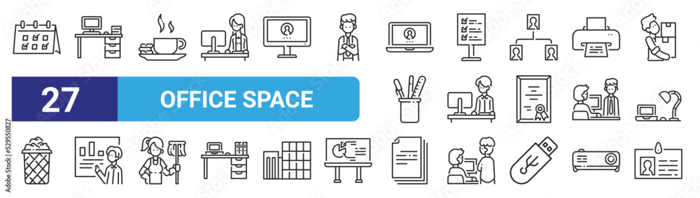 set of 27 outline web office space icons such as calendar, office desk ...