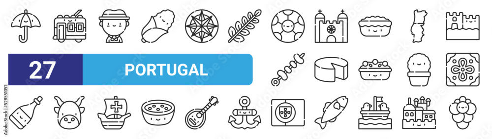 set of 27 outline web portugal icons such as umbrella, tramway ...
