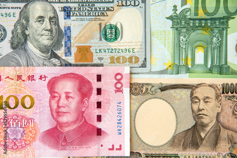 Kkey currency image -US Dollar, JP Yen, Eurp and Chinese Yen. Stock ...