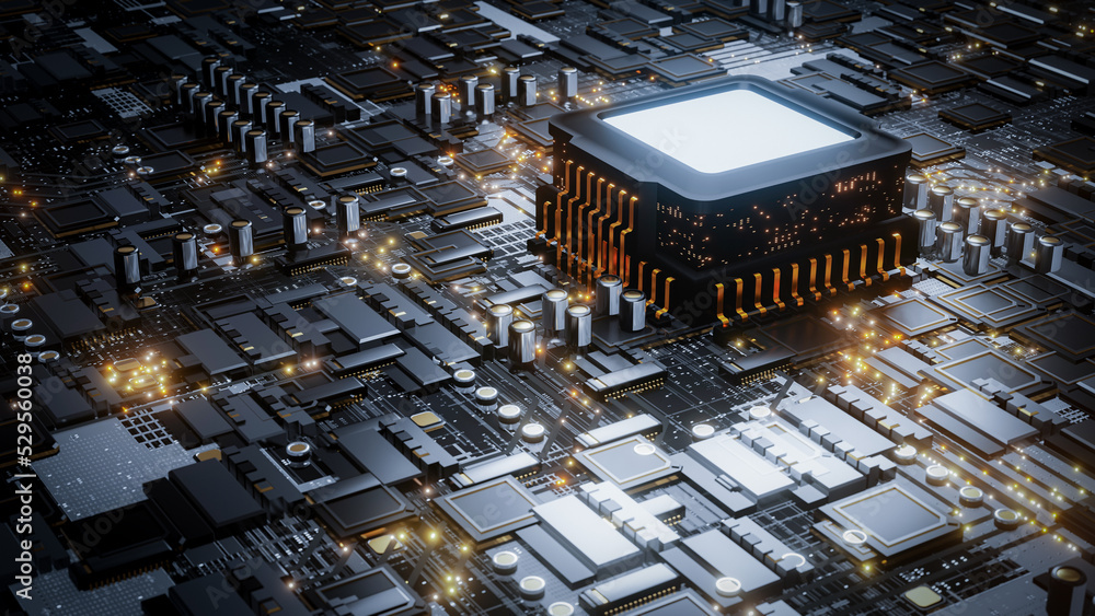 Computer circuit board or motherboard. Electron stream running from CPU ...