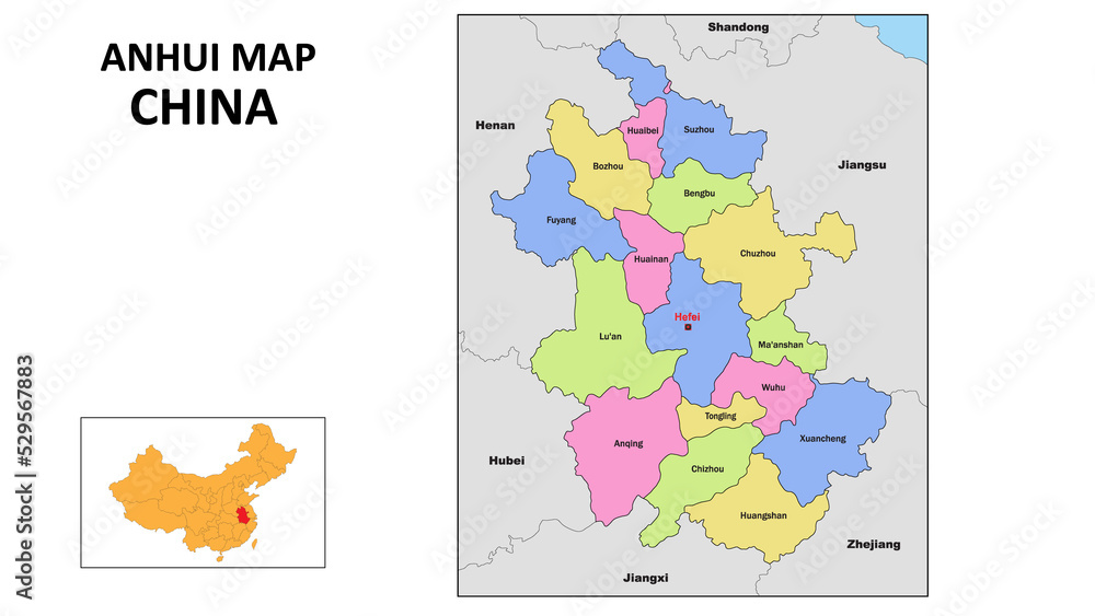 Anhui Map of China. State and district map of Anhui. Political map of ...