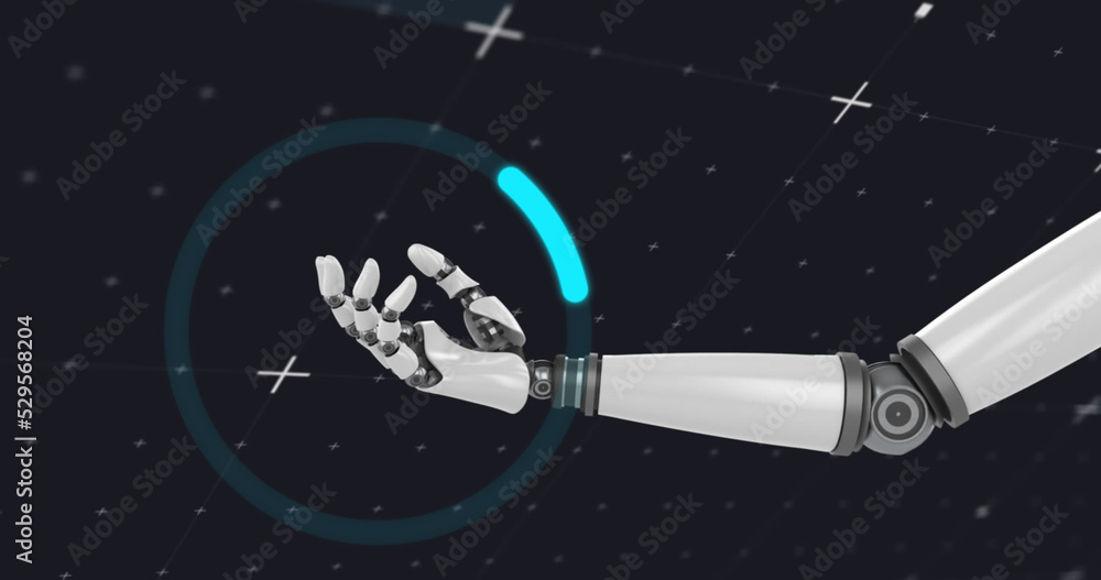 Image of blue circle and robotic arm on black background Stock ...