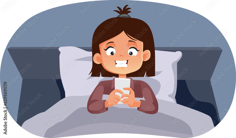 Funny Little Girl Using Smartphone Before Going to Bed Vector Cartoon ...