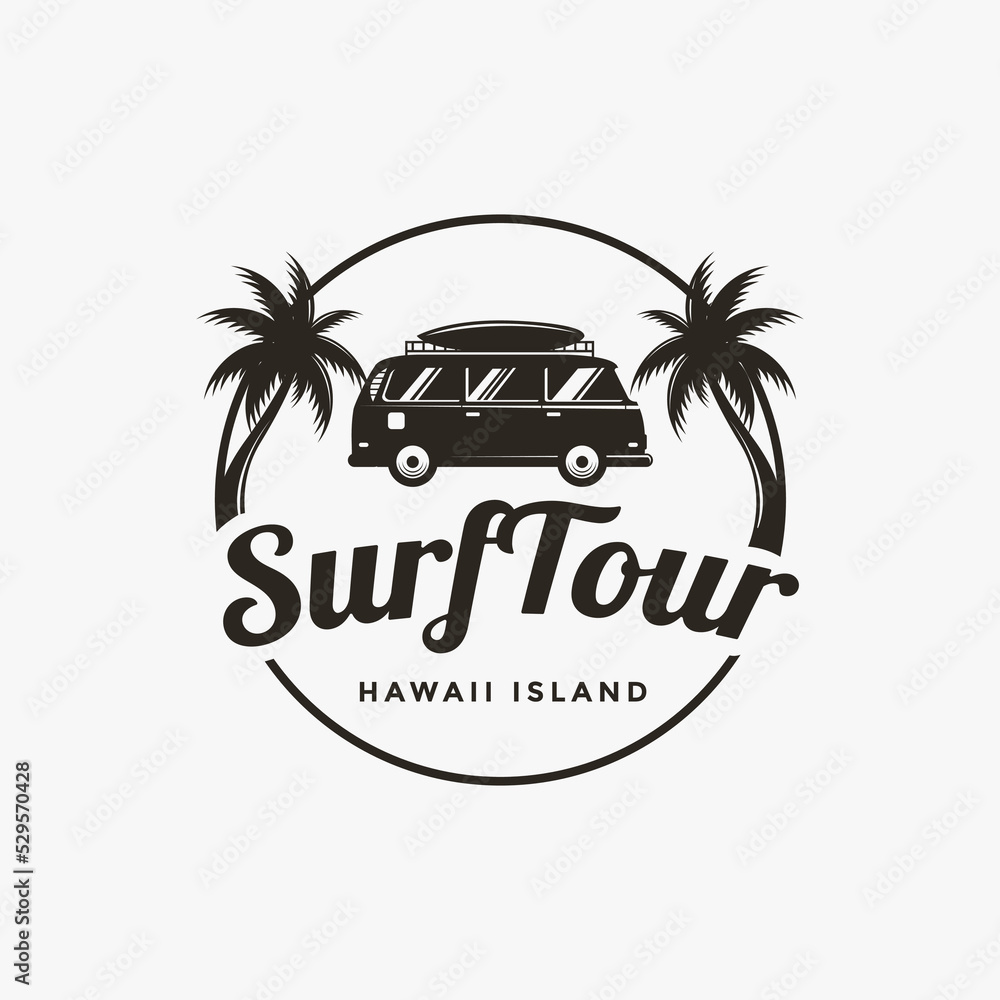 Label Surf tour, surf camp logo design vector with classic van and surf ...