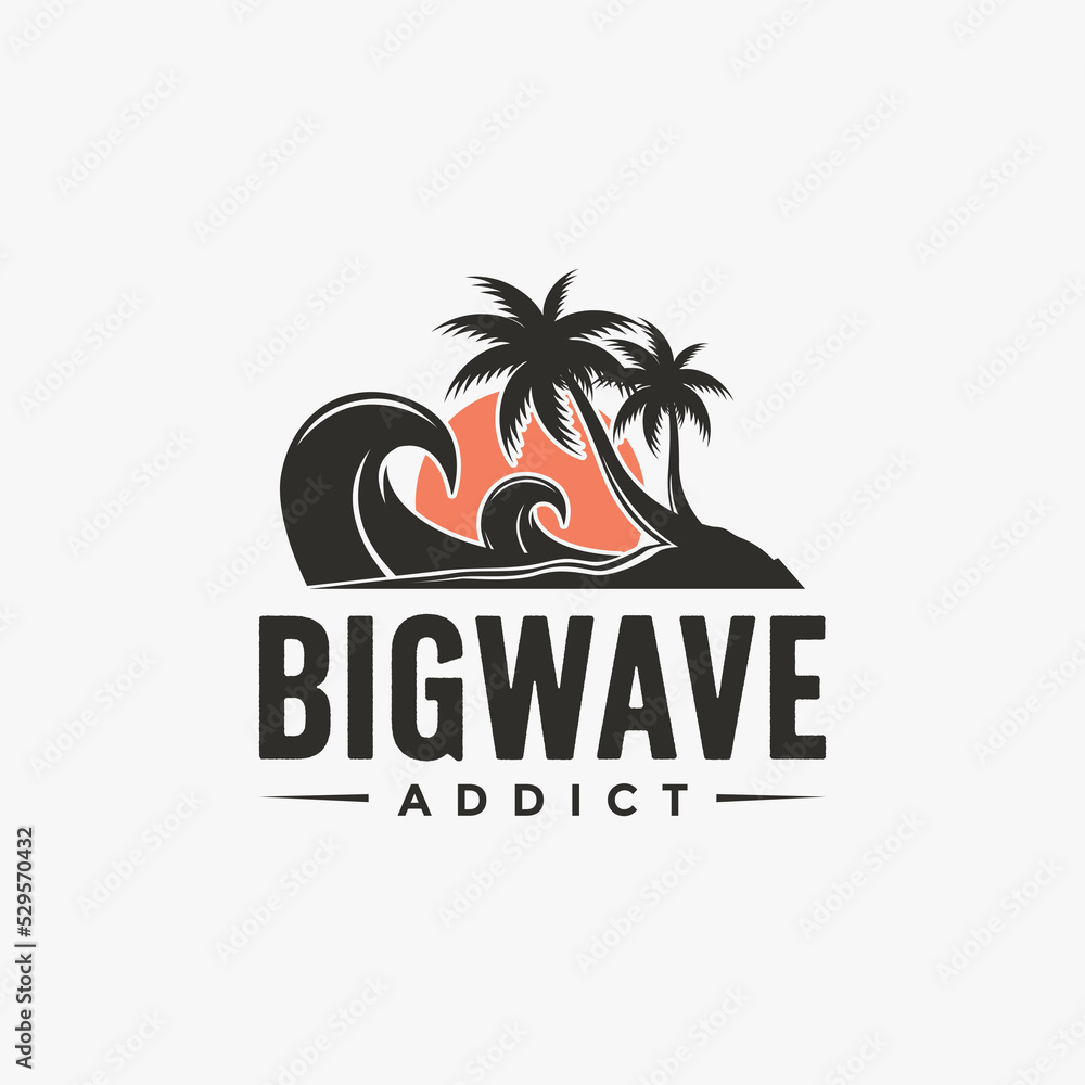 Seascape, sun, palm and big wave beach logo vector illustration, ocean ...