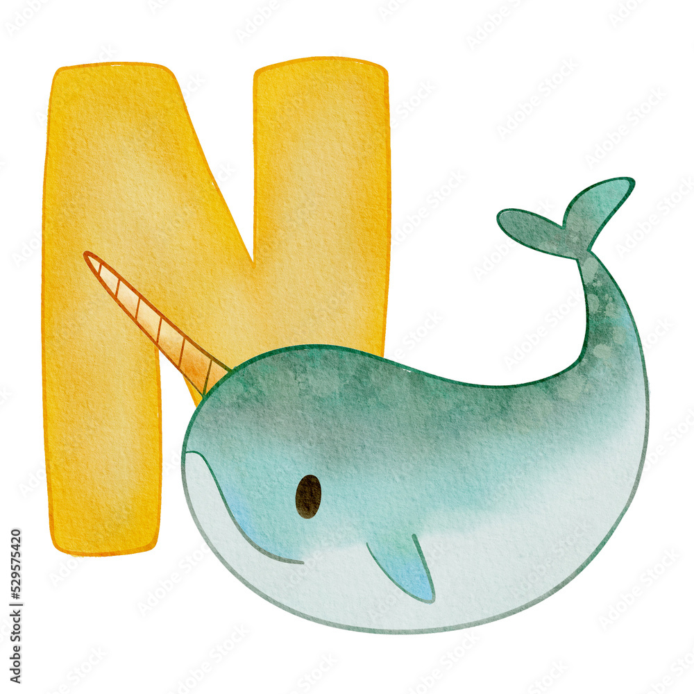 narwhal N alphabet isolated on a transparent background. With the ...