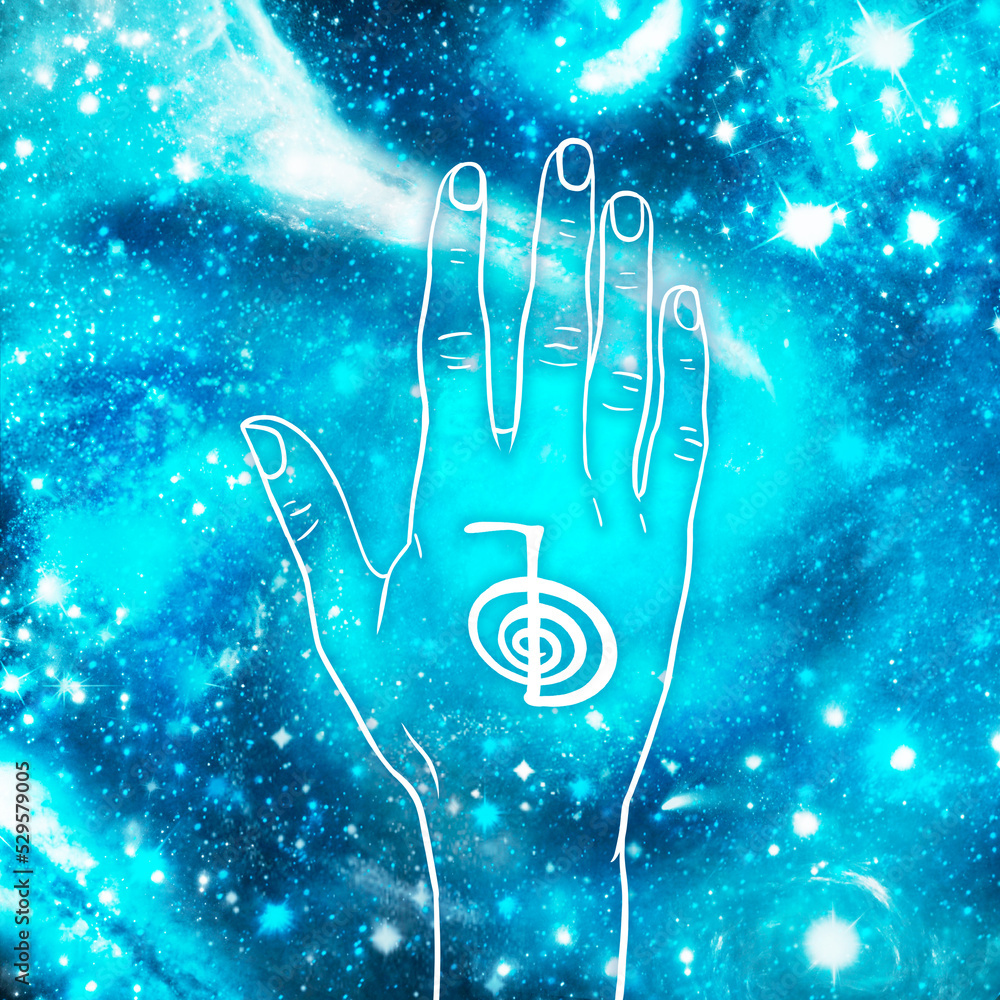 Reiki symbol. A sacred sign CHO KU REI. A hand holds Reiki CHO KU REI ...