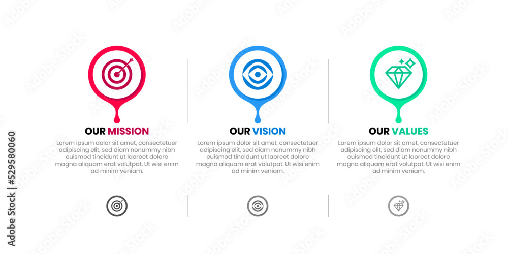 Mission, Vision and Values of company with text. Company infographic ...