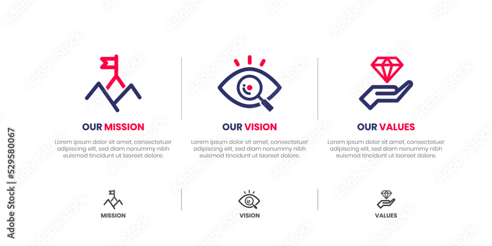 Mission Vision Values infographic Banner template. Company goal ...