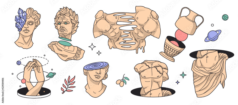 Vintage sculpture stickers, psychedelic statues. Contemporary modern ...