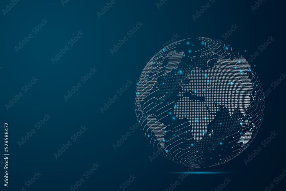 Abstract mash line and point scales on dark background with Map World ...